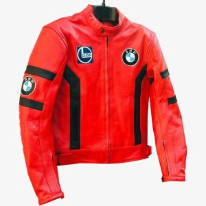 Red Faux Leather Mens BMW Biker Jacket With Stand Collar